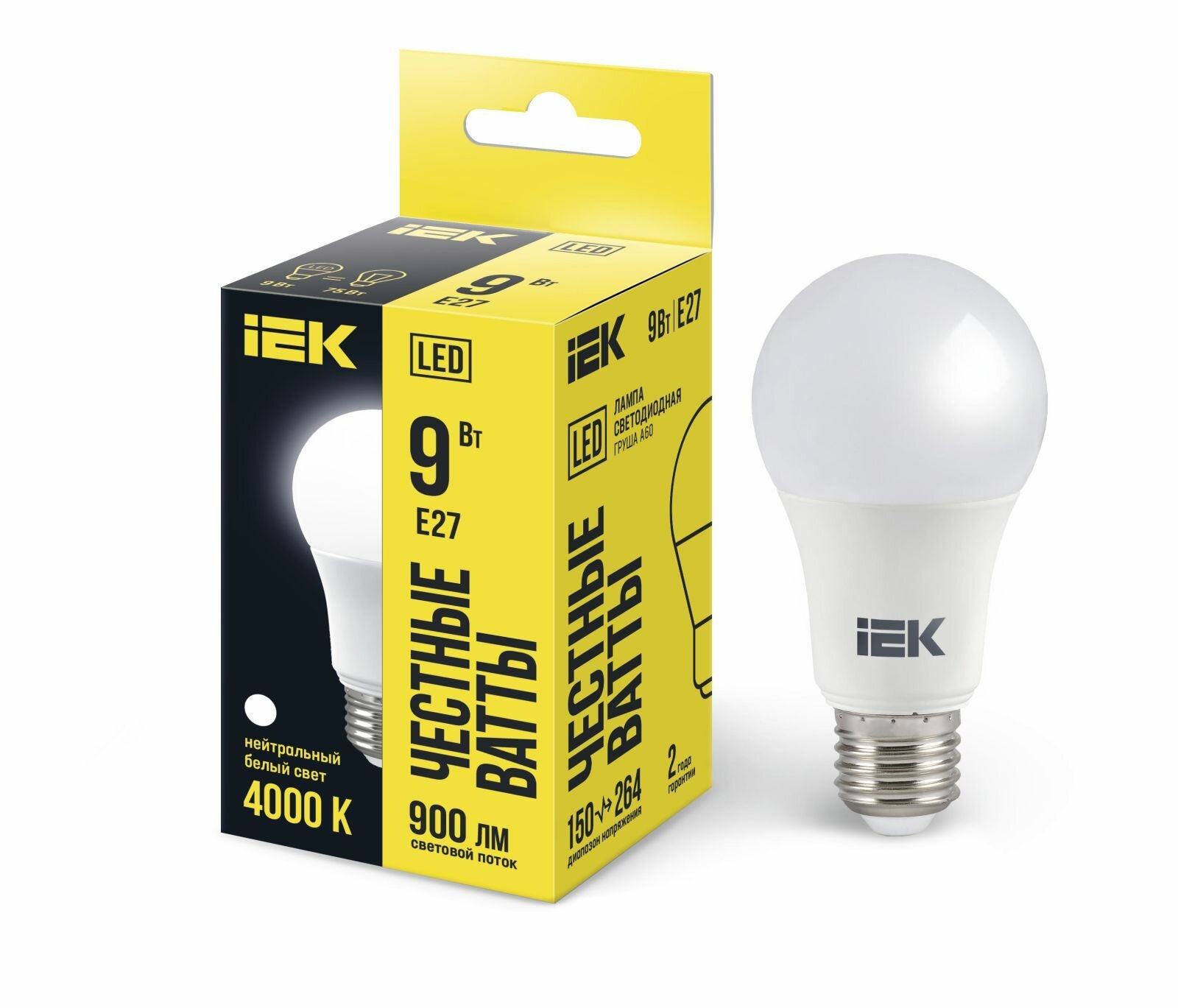 Лампа светодиодная IEK A60, груша, 9 Вт, 230В, 4000К, E27