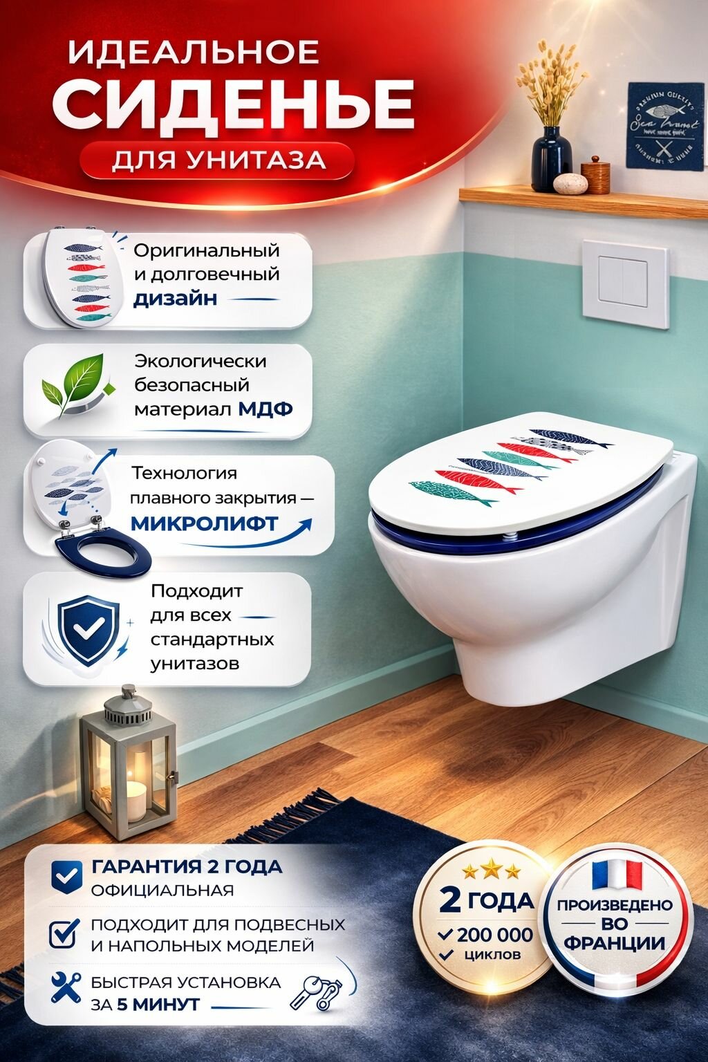 Сиденье для унитаза WIRQUIN сардины микролифт материал МДФ крепления нержавеющая сталь