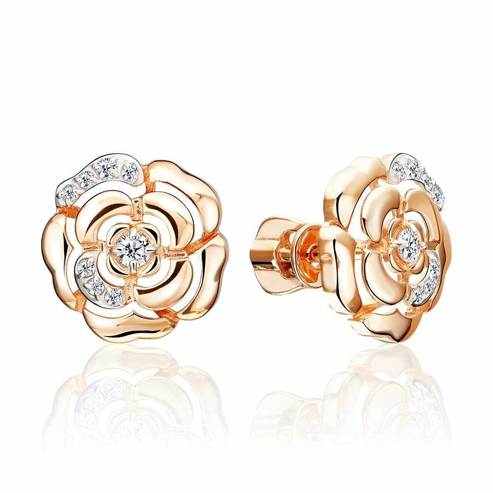 Серьги пусеты, красное золото, 585 проба, фианит