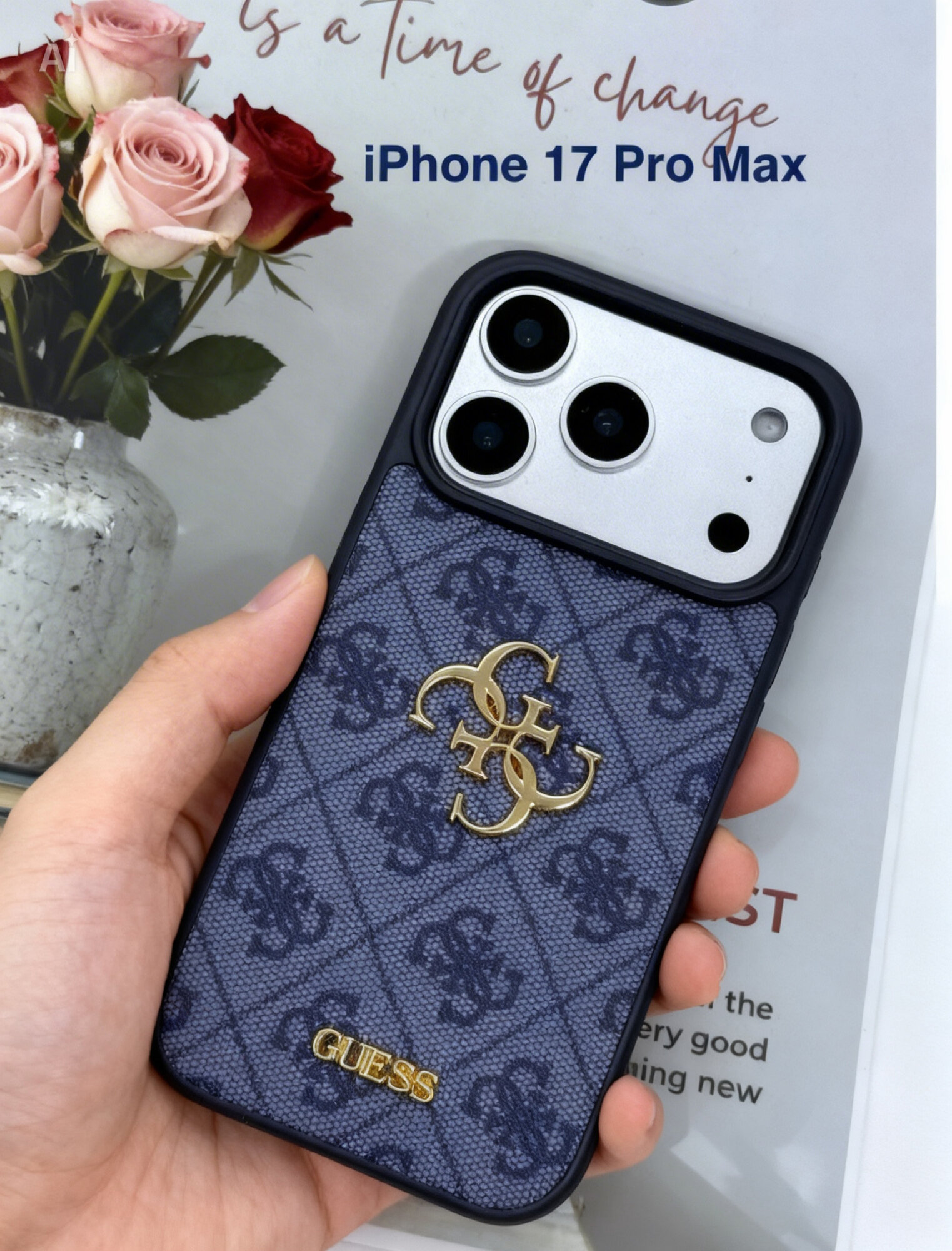 Чехол Guess на iPhone 17 Pro max, из экокожи 4G, с защитой камеры , синий