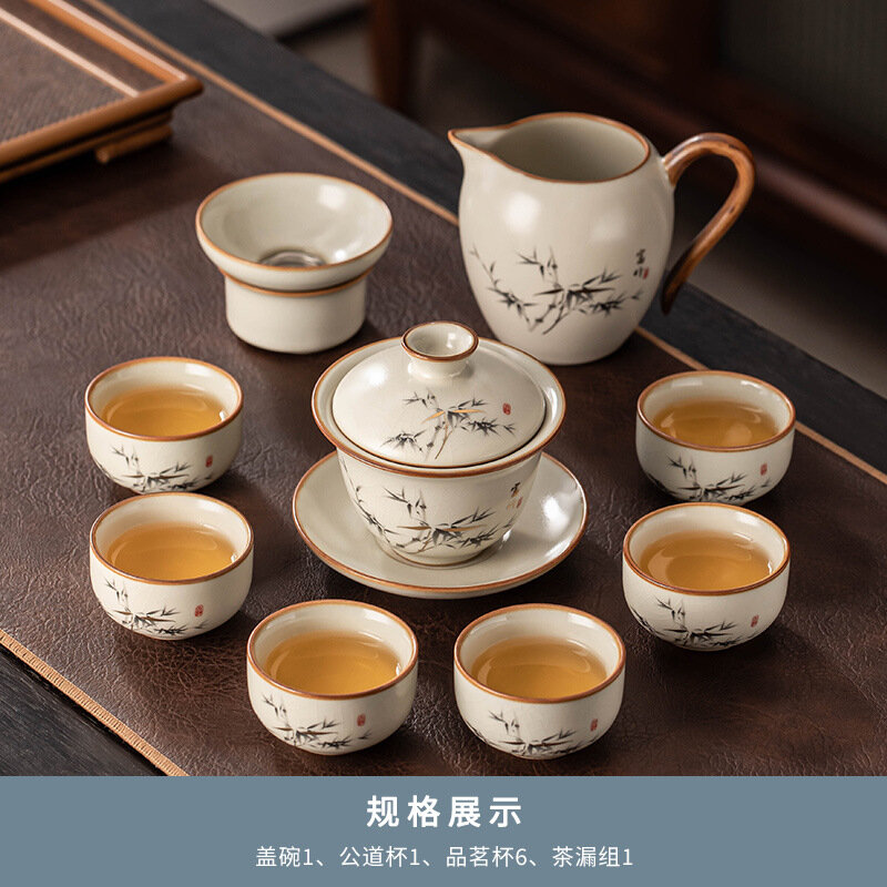 Ru Kiln tea set set 2025 новый бытовой керамический чайник для питья чая Кунг-фу чайная чашка чайный поднос легкая роскошь высокого класса для встречи гостей