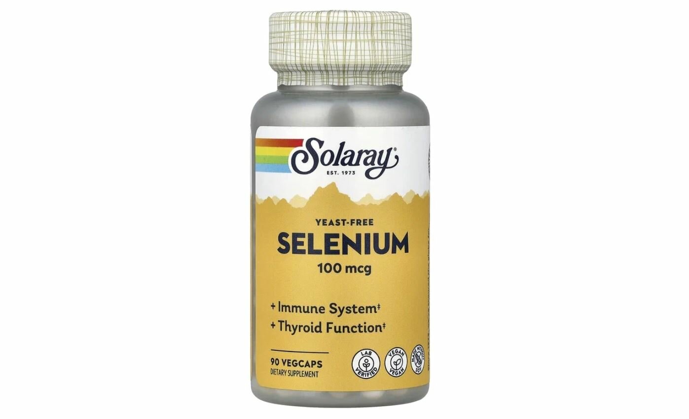 Селен 100 мкг (бездрожжевой) Solaray, Selenium Yeast-Free 90 капсул, для здоровья волос, кожи и ногтей