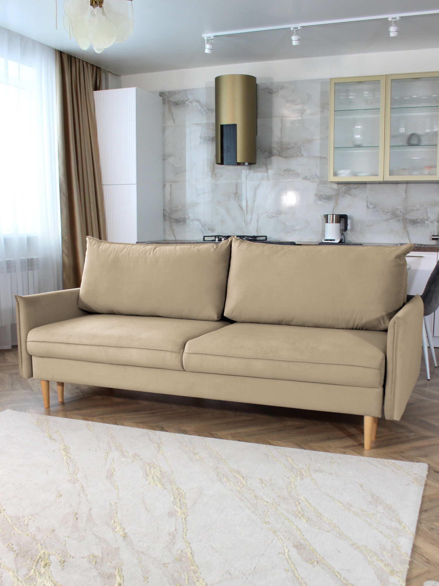 Диван-кровать Фьорд бежевый, Независимый Пружинный Блок, механизм Тик-так, 212х96х80 см, Спальное место 147х198 см