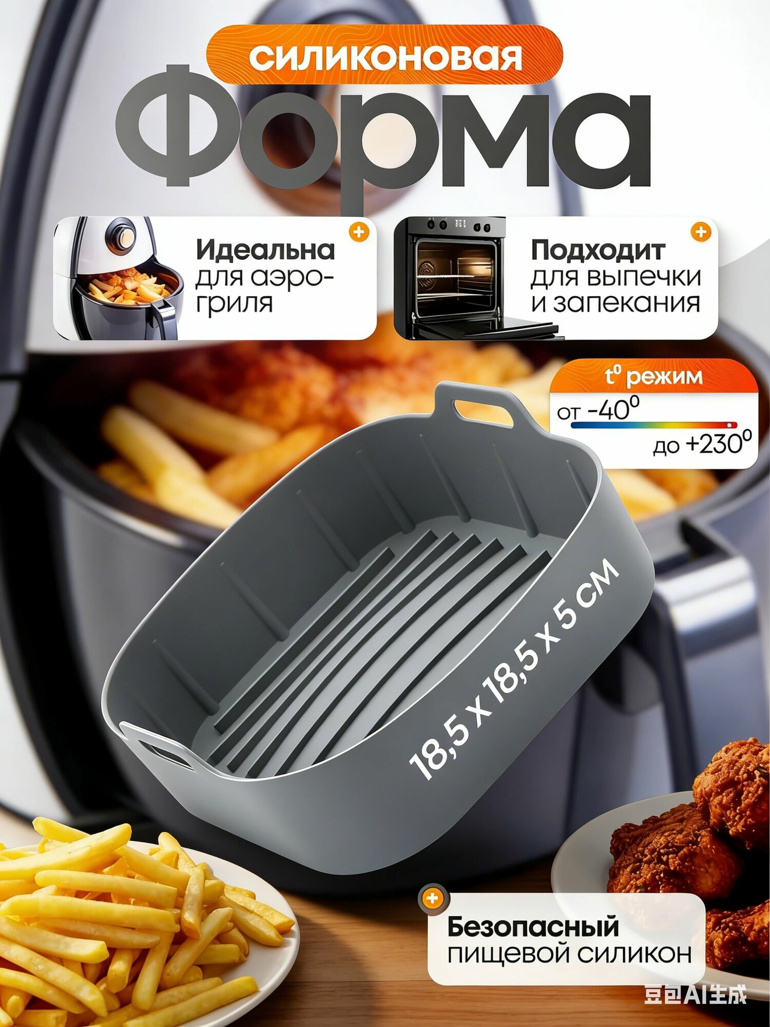 Силиконовая форма для аэрогриля, тарелка для барбекю 18.5х18.5 см, многоразовый вкладыш для воздушной фритюрницы, антипригарный коврик для запекания и жарки