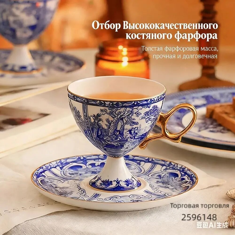 Чашка с блюдцем из костяного фарфора, 200 мл, 1 шт, синий узор