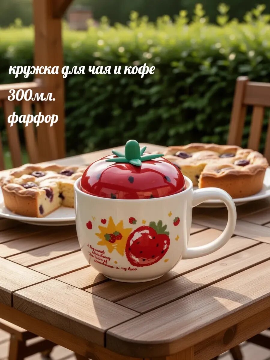 Кружка "Клубника", керамика, с крышкой, 300мл, подарочная коробка