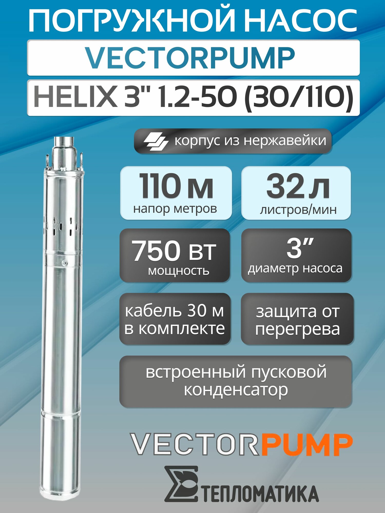 Электронасос винтовой, (шнековый), погружной VectorPump Helix 3" 1.2-50 (30/110)