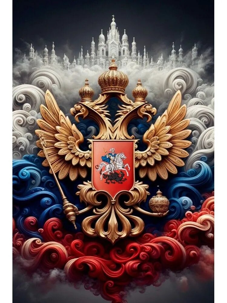 Алмазная Мозаика "Российский Флаг И Герб" 30x40 См, Безрамная, Идеальна Для Дома, Украшения, Подарков.