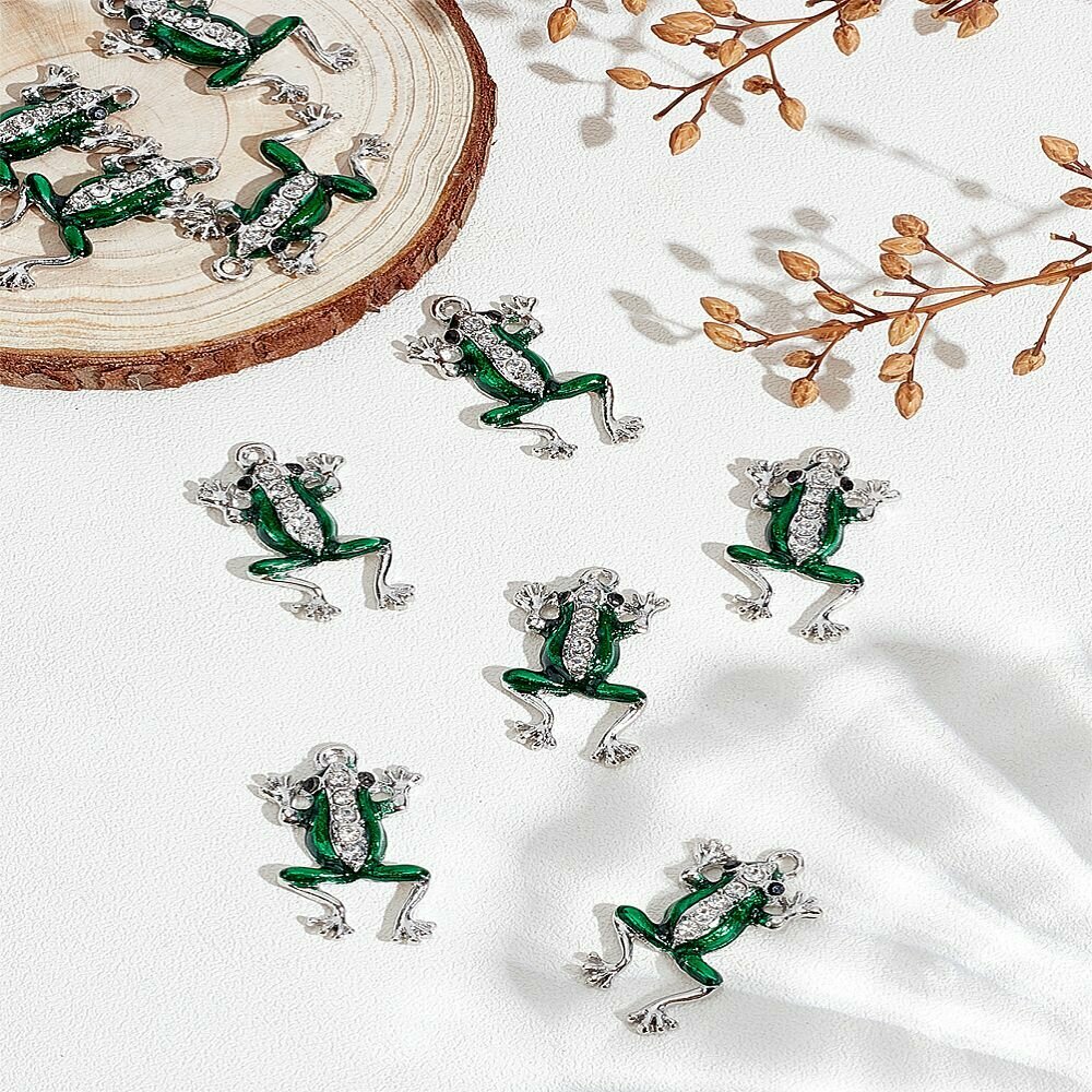 10 шт. подвесок из эмалевого сплава со стразами, лягушка зеленого цвета, 34x20x6 мм