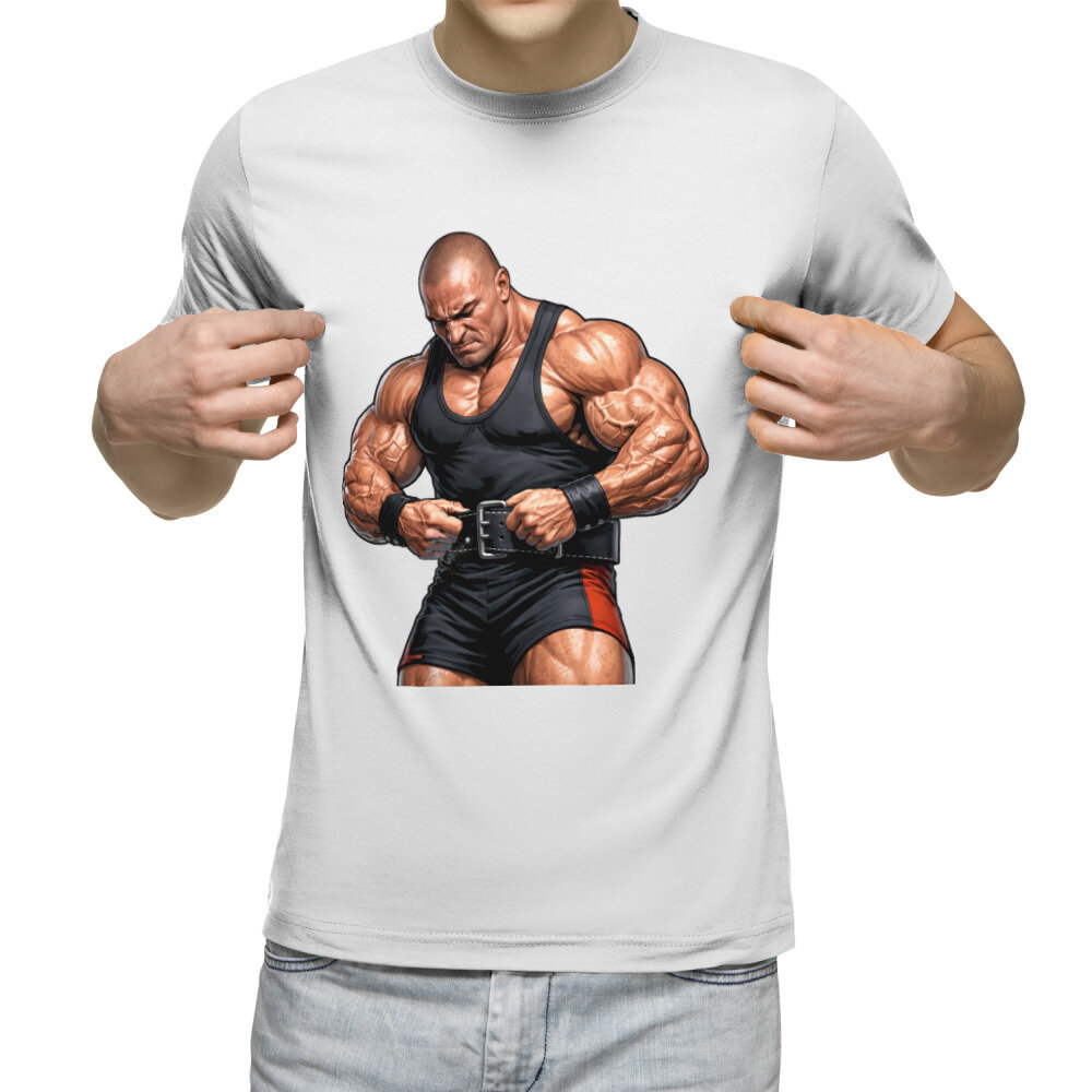 Мужская футболка «Мощный бодибилдер с атлетическим поясом» (белый, 2XL)
