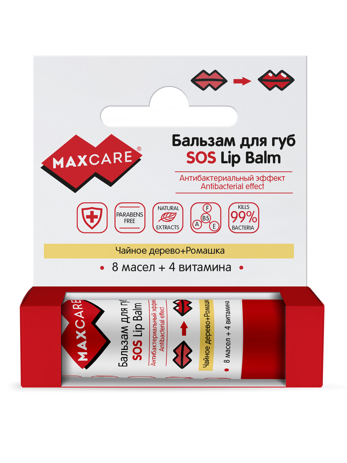 Бальзам для губ Maxcare Sos Lip Balm, чайное дерево и ромашка, 4.2г