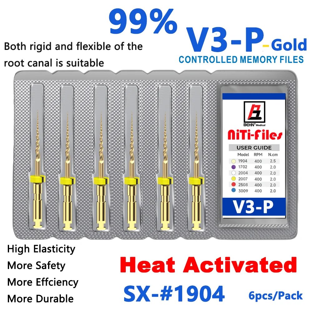 Стоматологические файлы RAISYOU V3-P Gold, 6 шт, Gold-19MM-SX