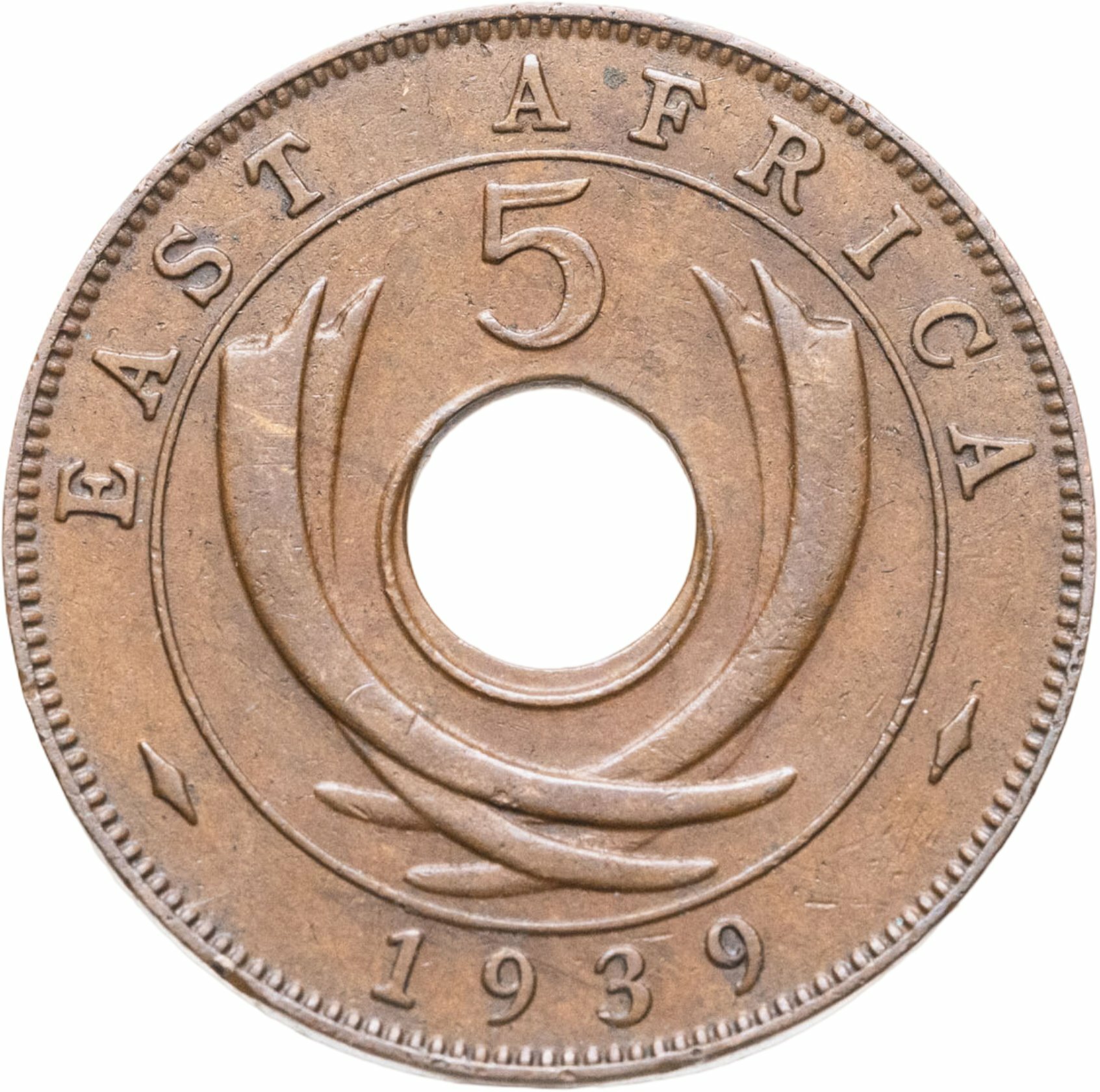 Британская Восточная Африка 5 центов cents 1939 H знак монетного двора: "H" - Хитон, Бирмингем, Бронза, в сохранности XF