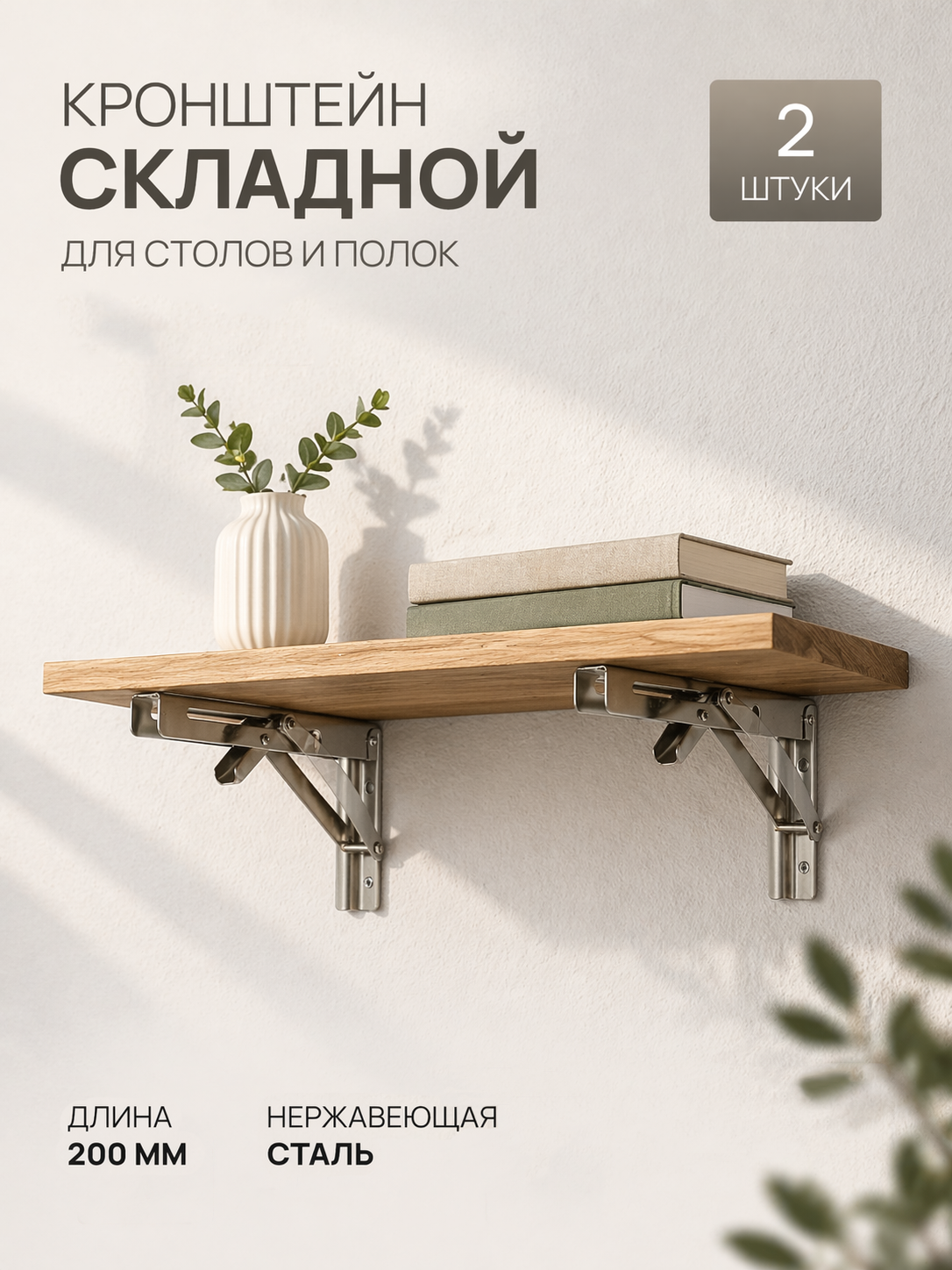 Кронштейн складной для столов и полок тундра 2 штуки, длина 200 мм, нержавеющая сталь