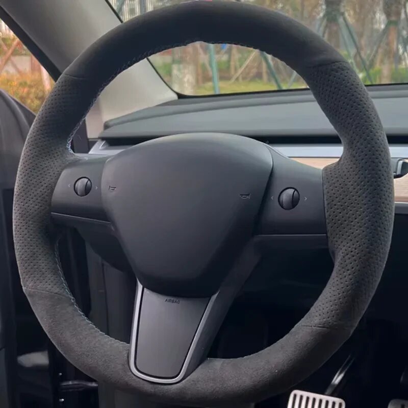 Для Tesla Model 3 2017 2018 2019 2020, сшитый вручную черный замшевый чехол на руль Black Thread