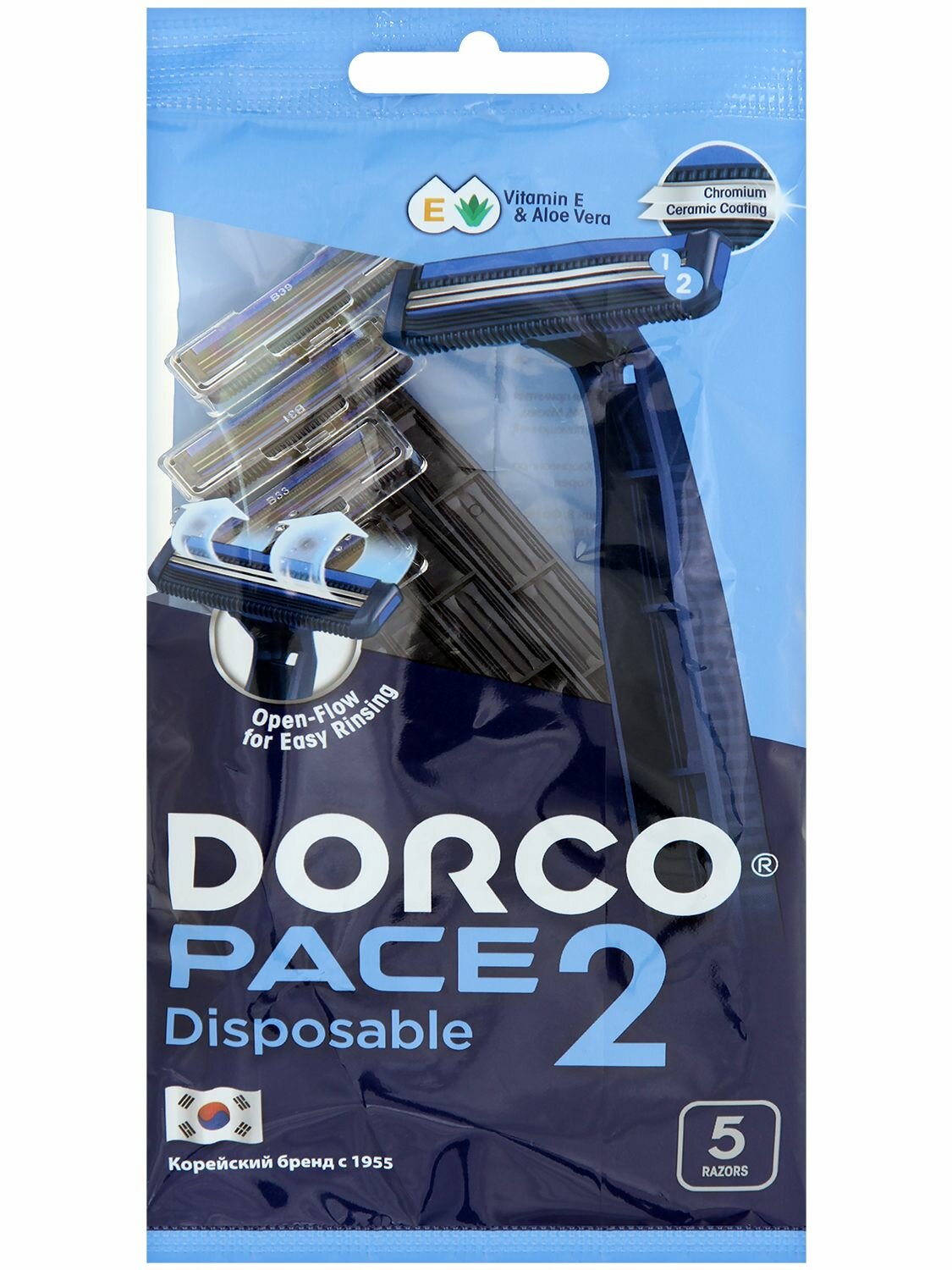 Dorco Бритвы одноразовые PACE2 (5 станков), 2 лезвия, фикс. головка, увл. полоса, открыт. архитектура