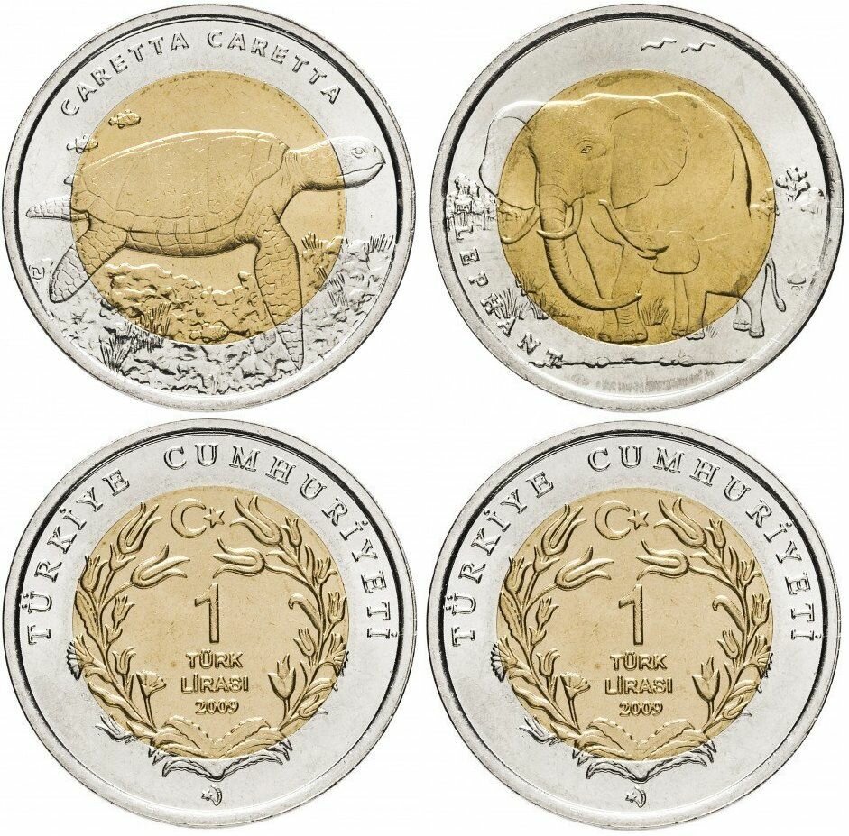 2009 2 монеты по 1 лире Набор Турция Красная книга Слон Черепаха UNC