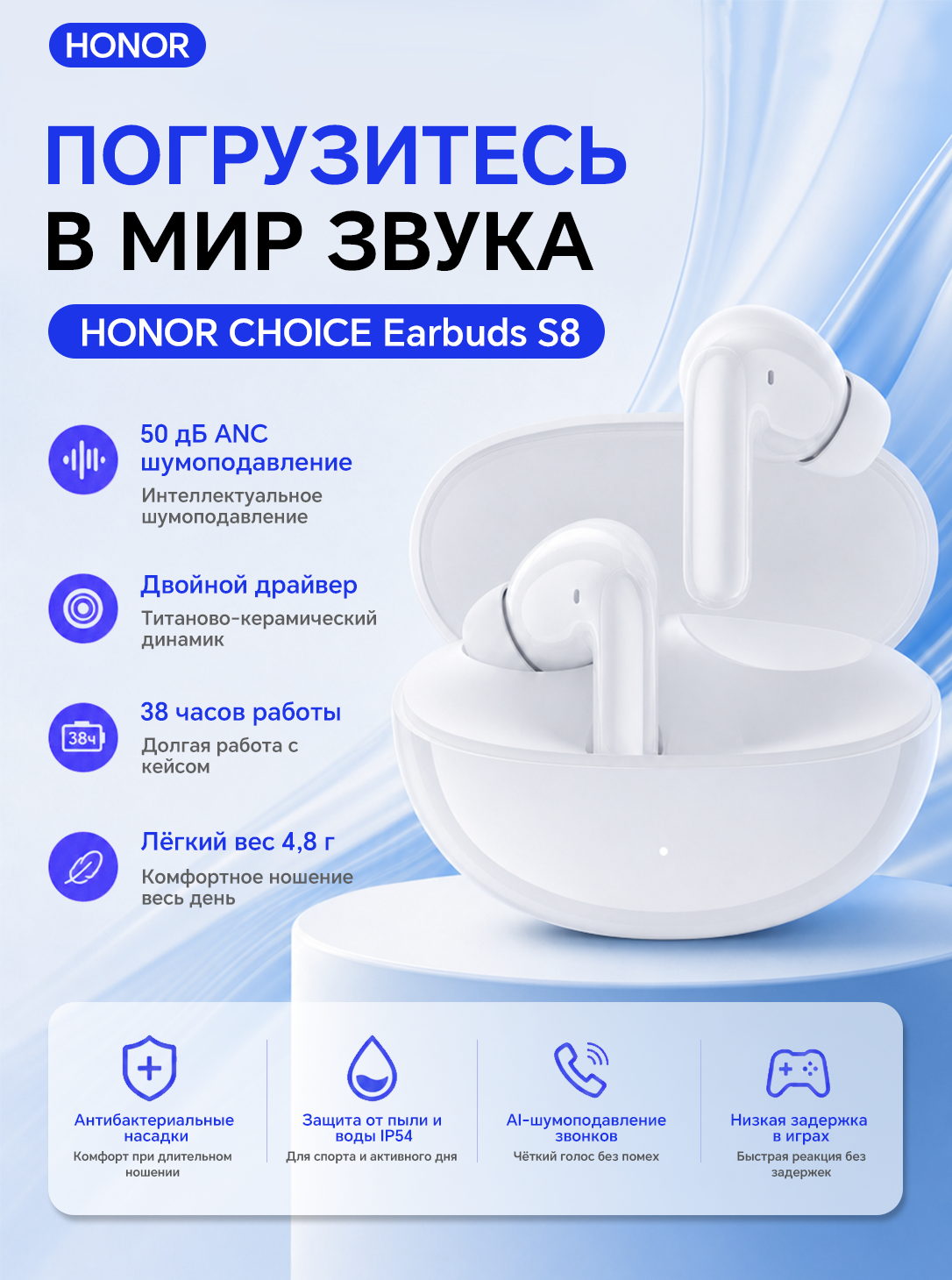 HONOR CHOICE Earbuds S8 Беспроводные наушники Bluetooth 5.4 ANC до 50 дБ Тройной микрофон 38 ч IP54 Белый