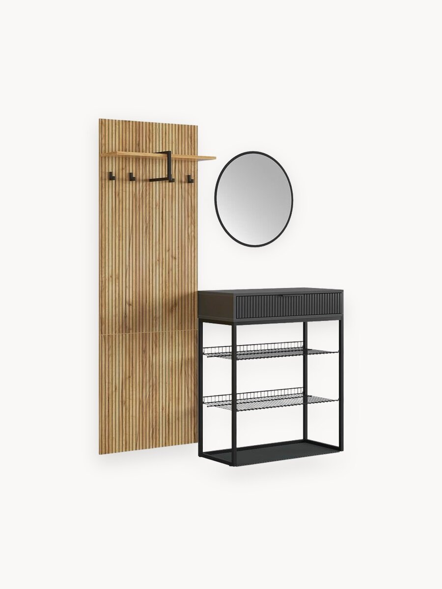 Прихожая "Мебельсон К1", 135*33,4*175 см, ЛДСП дуб крафт золотой/графит/черный муар/черный