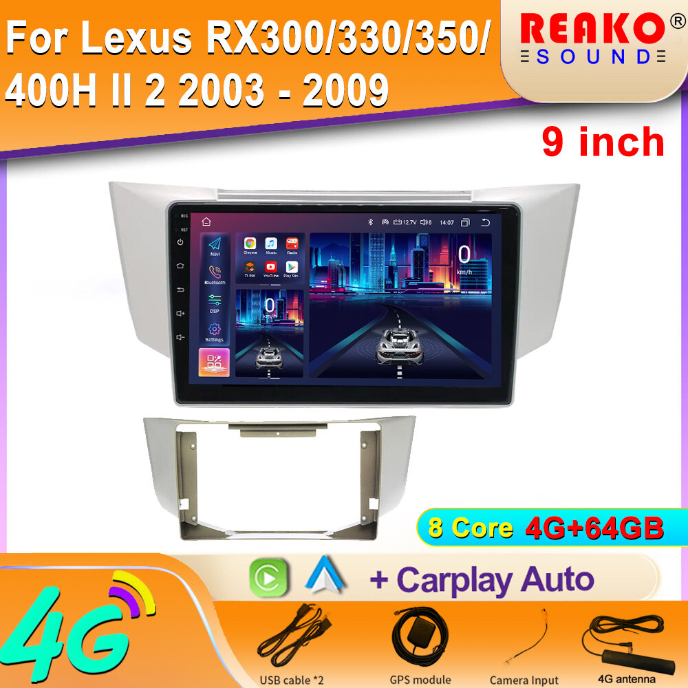 Магнитола для Lexus RX300 RX330 RX350 RX400H II 2 2003 - 2009, с камерой заднего вида. IPS экран 9 дюймов, Wifi 2din с сенсорным экраном, usb и блютузом.