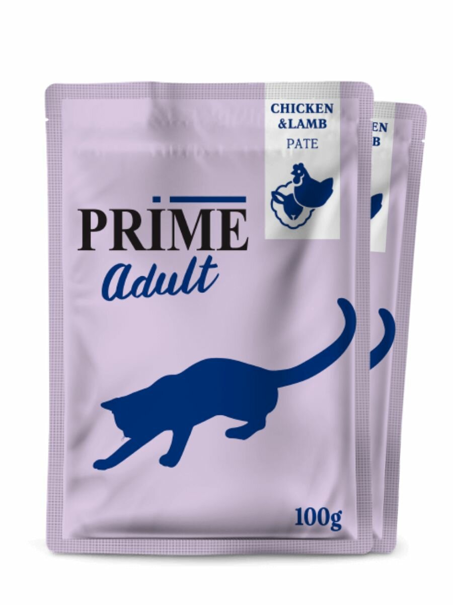PRIME Adult Влажный корм для взрослых кошек, паштет из курицы и ягненка - 12 шт * 100 г