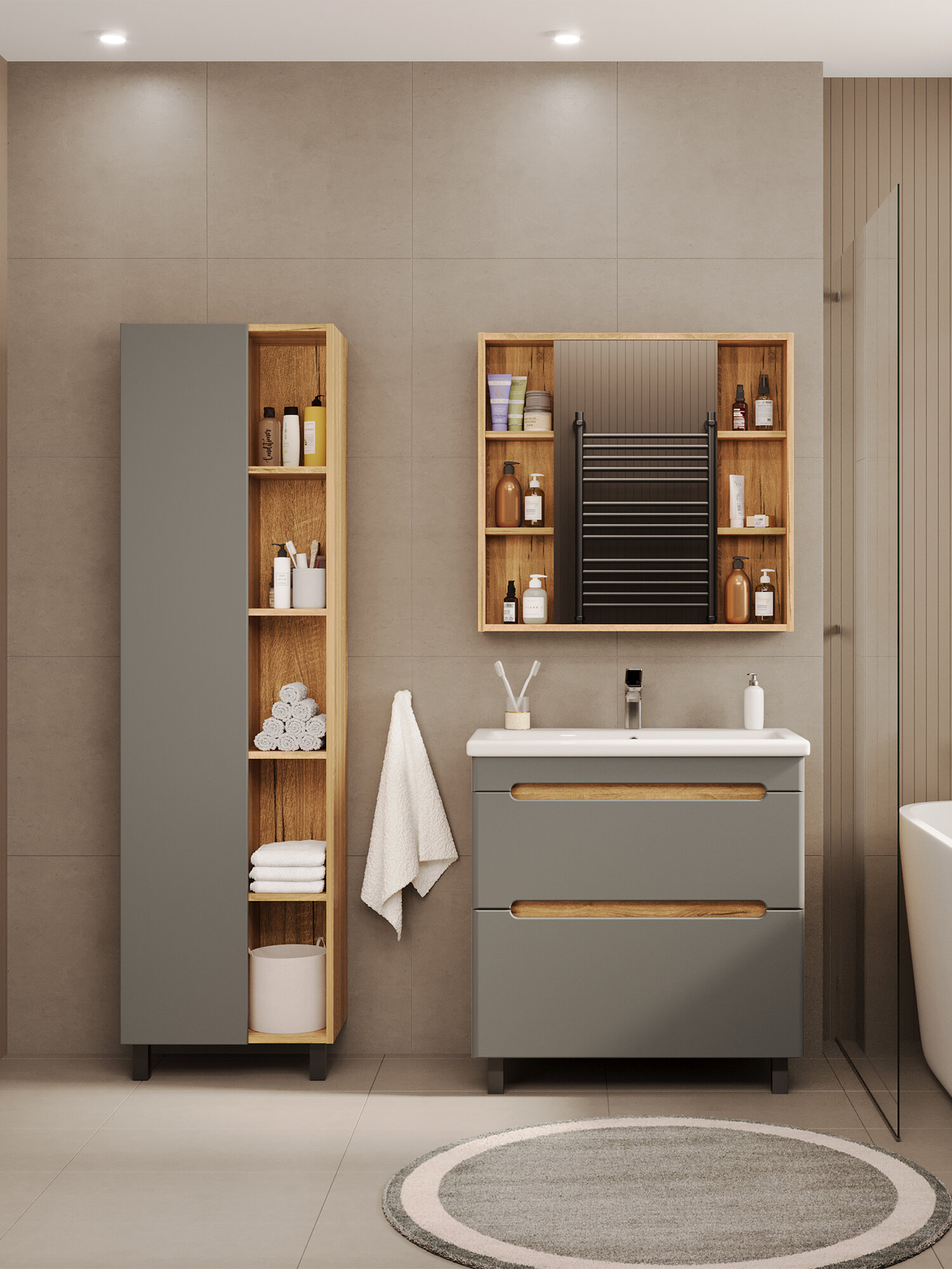 Шкаф-пенал напольно/подвесной Vannika Canto 50 для ванной комнаты, дуб вотан, графит софт