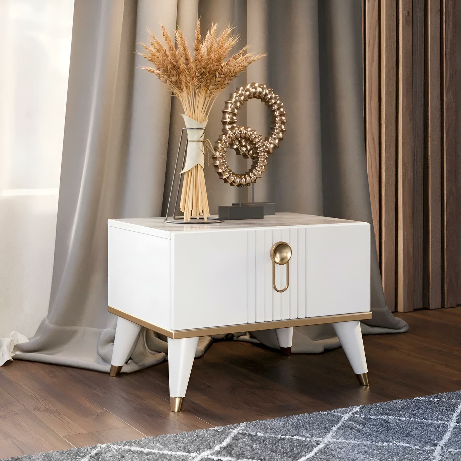 Тумба прикроватная напольная Айла, с одним ящиком, 36,6x50,1x36,9 см, Белый/Статуарио