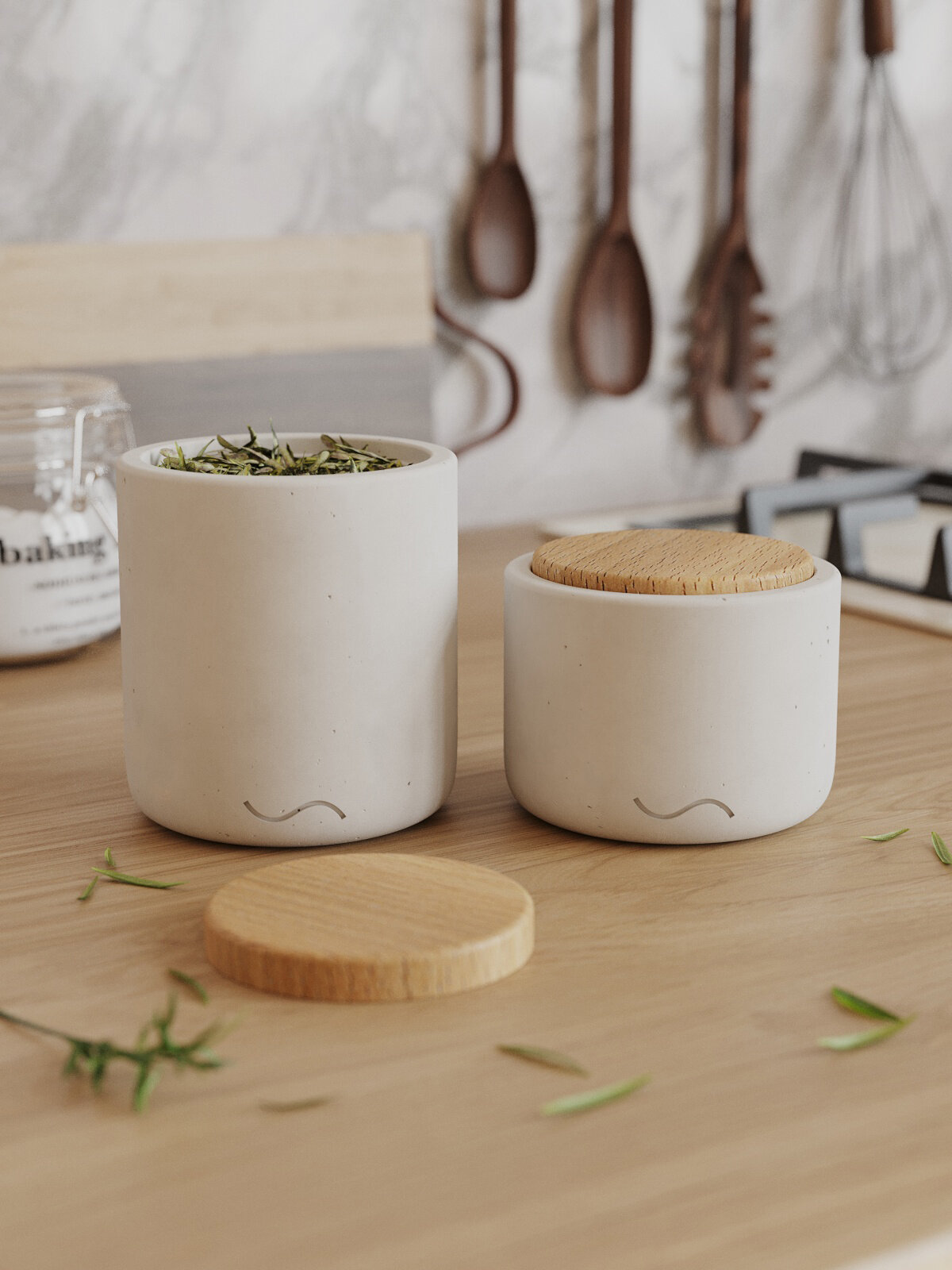 Набор для кухни №05 (банка для хранения Astrid XS 0,18 л, банка для хранения Astrid S 0,27 л), бетон/бук, белый матовый