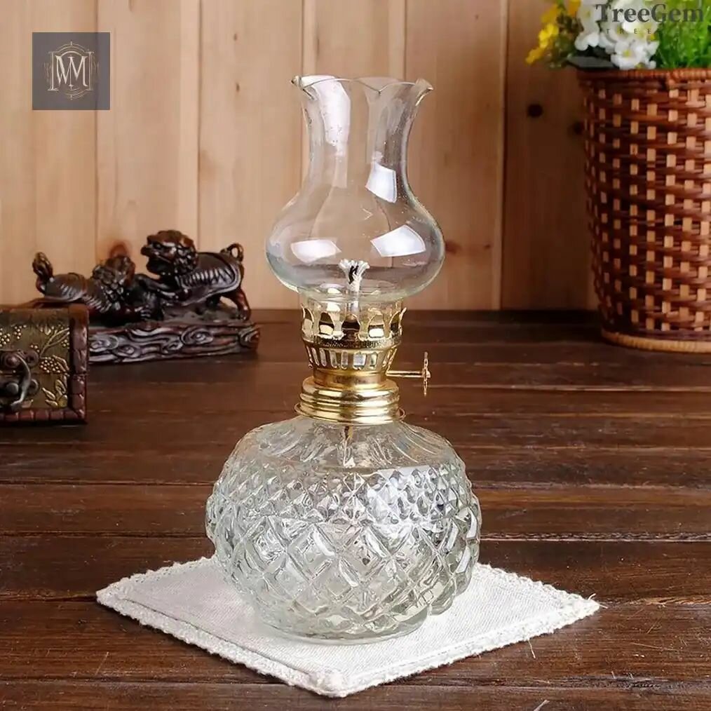 Лампа, масляная, керосиновая, с фитилем, прозрачная, стеклянная, белая