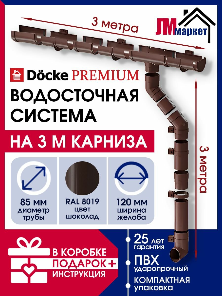 Водосточная система, Docke Premium, 3м/3м, RAL 8019, шоколад, комплект