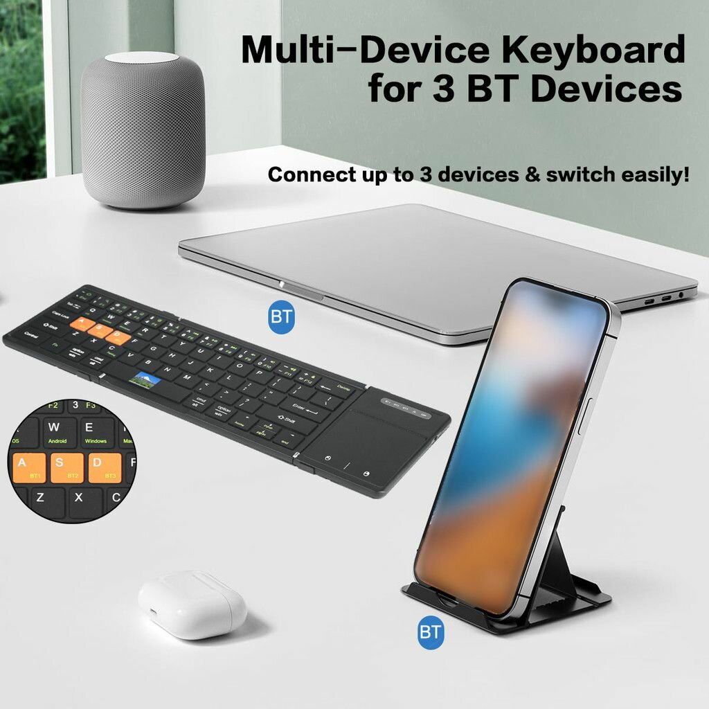 JOMAA, складная Bluetooth-клавиатура с трекпадом, бесшумная перезаряжаемая, полноразмерная портативная клавиатура для iPad/iPhone