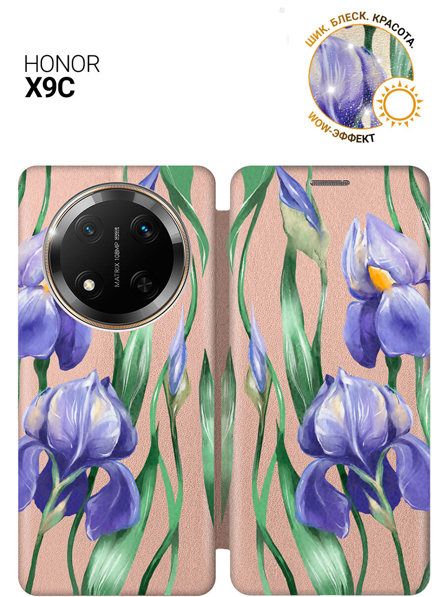Чехол-книжка на Honor X9C с принтом "Удивительные ирисы" золотой