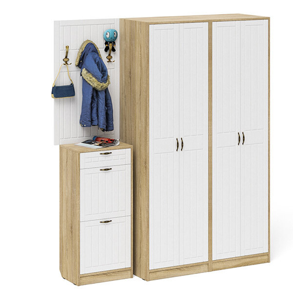 Прихожая П-6 Компоновка № 15, цвет дуб сонома/фасады МДФ белое дерево фрезеровка прованс