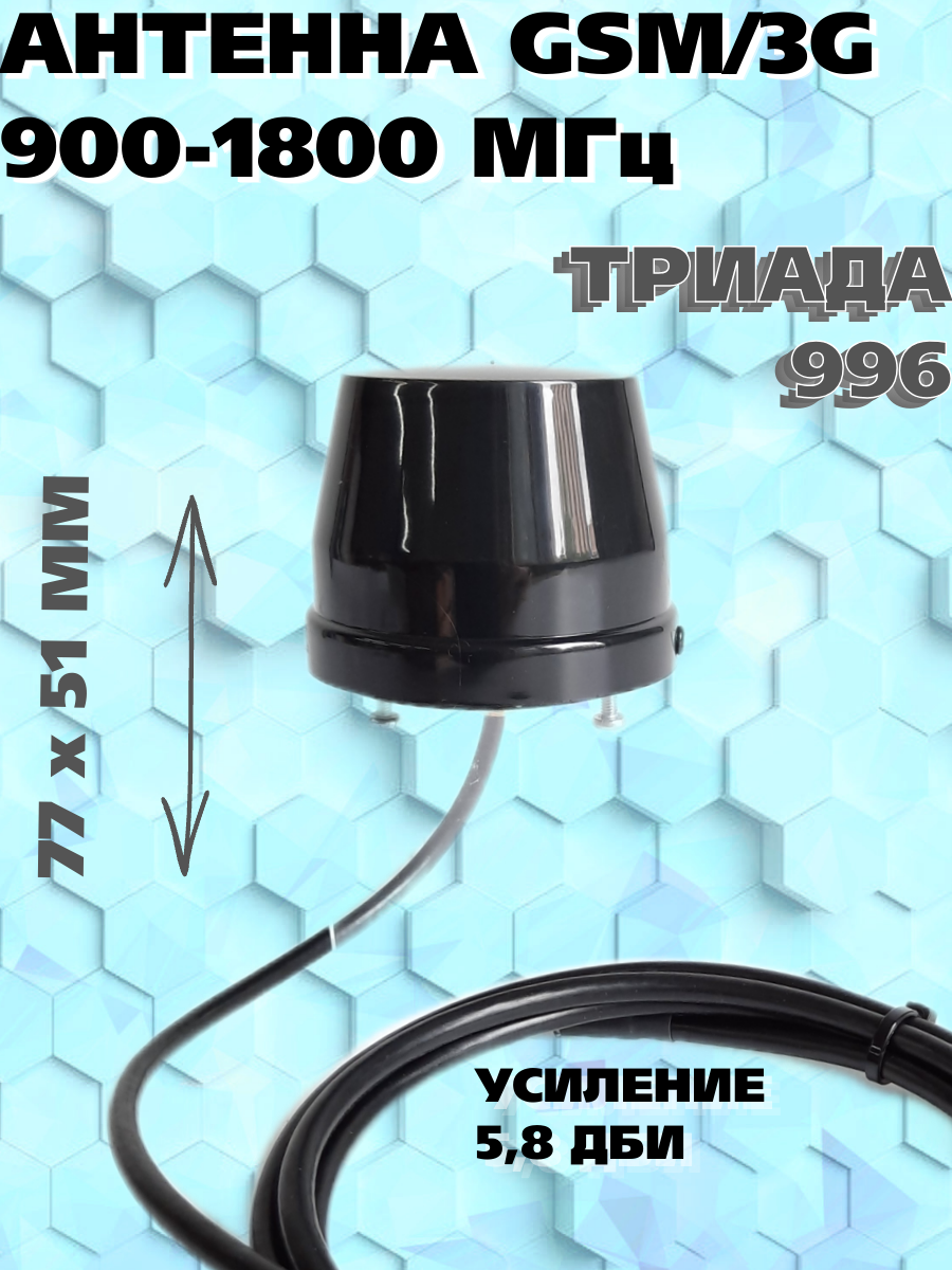 Антенна врезная Триада-ВА 996 всенаправленная GSM 900 / 1800 МГц / 3G (5 дБи), кабель RG 58 А/U, длина кабеля 1,5 м, разъем SMA