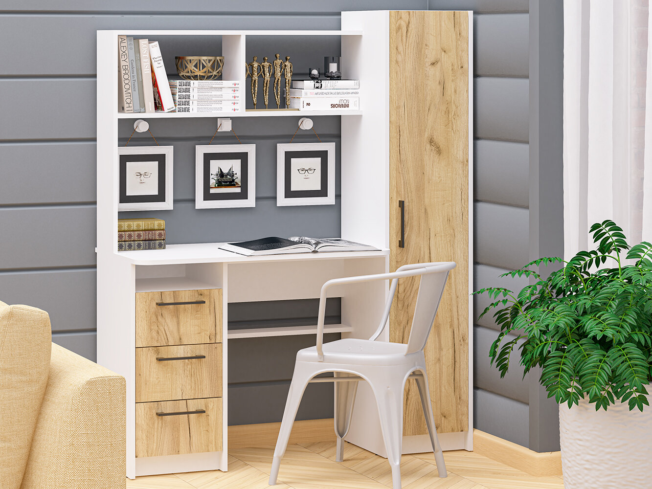 Стол письменный с пеналом и тумбой Пирамида Комфорта Фронда-11 белый /крафт золотой левый 3 ящика