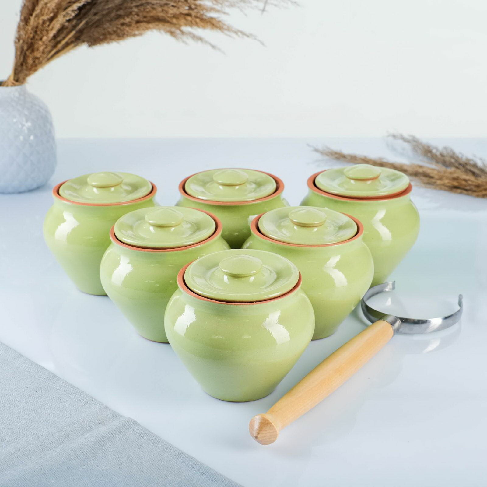 Горшочки для запекания набор 6 шт, ухват, 500 мл, салатовые