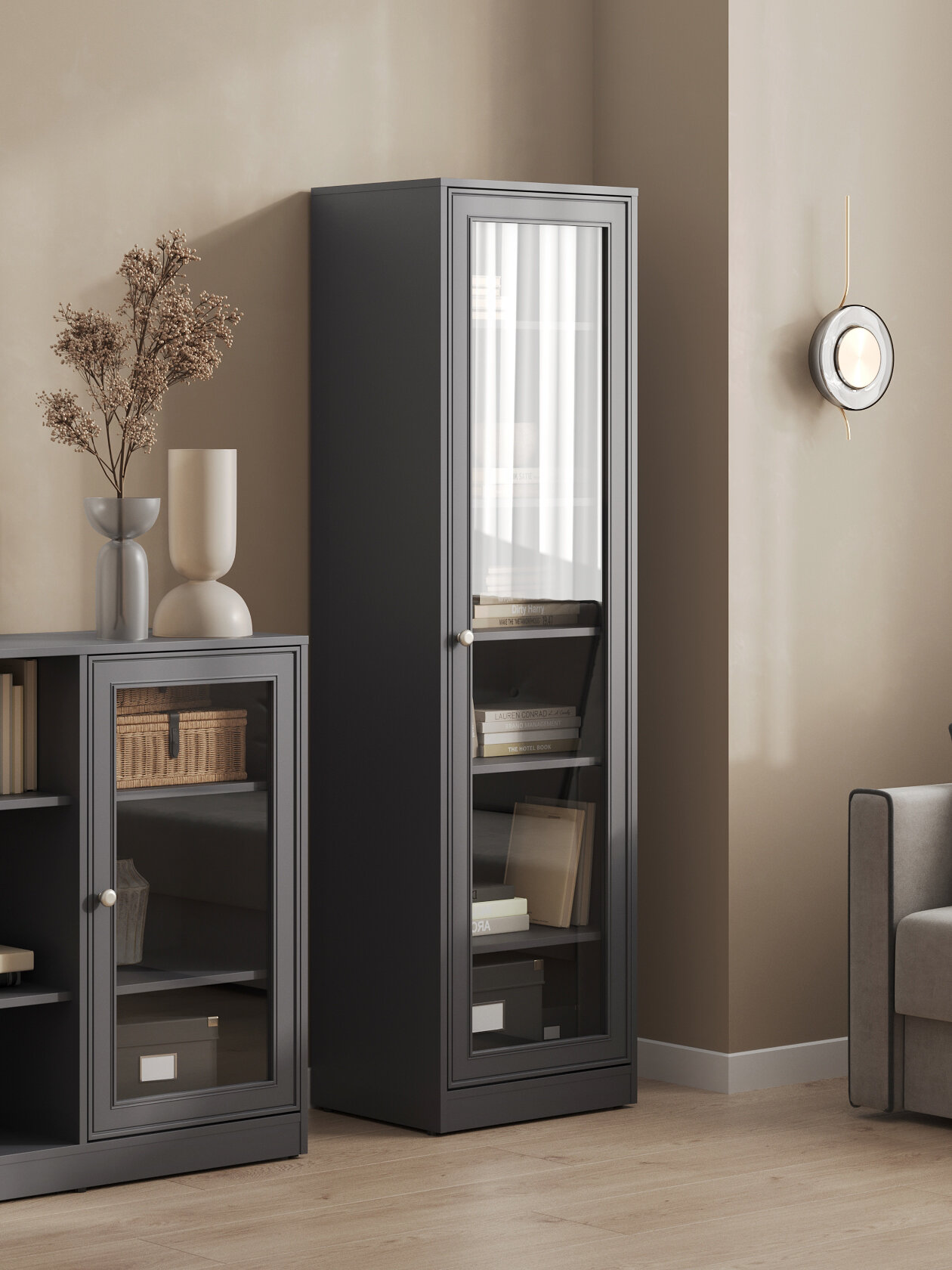Шкаф-витрина Люсиль 1 дверь, с полками, со стеклянным фасадом, 50.2х40.1х180.6 см, Графит