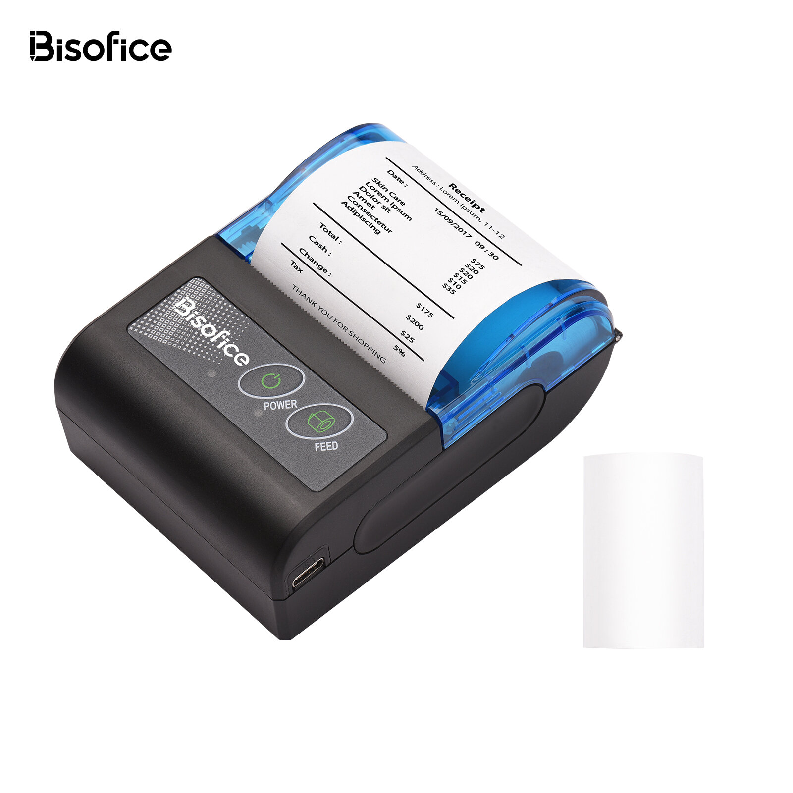 Bisofice Portable Mini Thermal Printer 2 -дюймовый беспроводной USB -квитанция Билет Принтер билет с 58 -мм печатной бумагой, совместимой с Windows для iOS Android для продаж ресторанов.