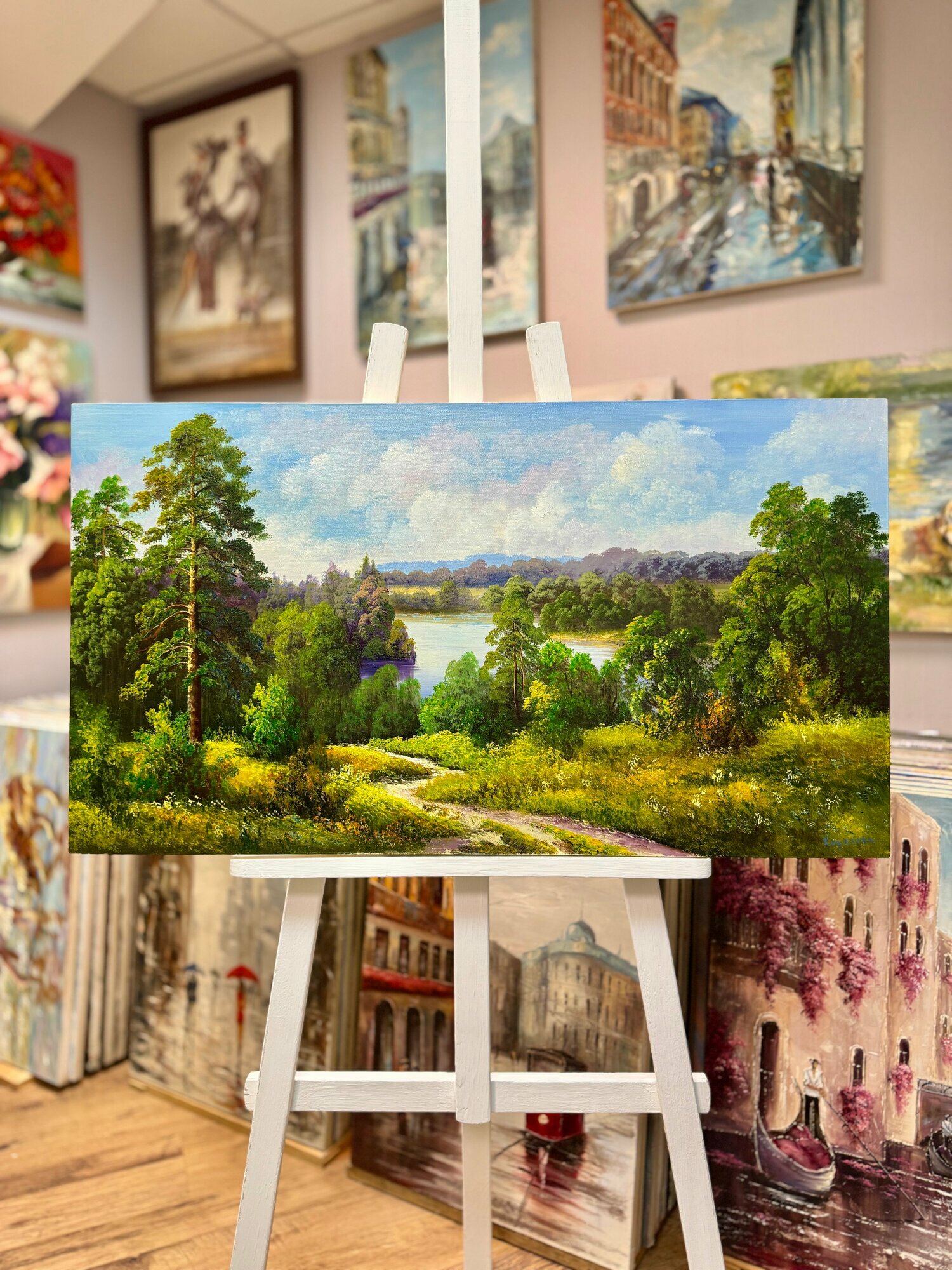 Картина маслом природа Летний пейзаж тропинка лес река 90x50 см. Дачный домик в деревне. Художественная мастерская Грёзы.