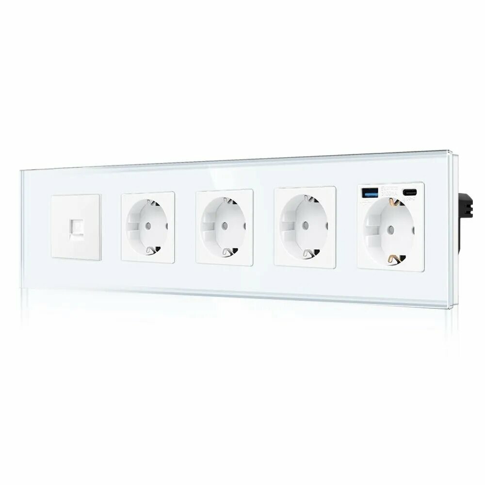 Розетка электрическая 5 поста с USB/Type-C+RJ45 Ethernet 220В 16А Стекло Рамка белая