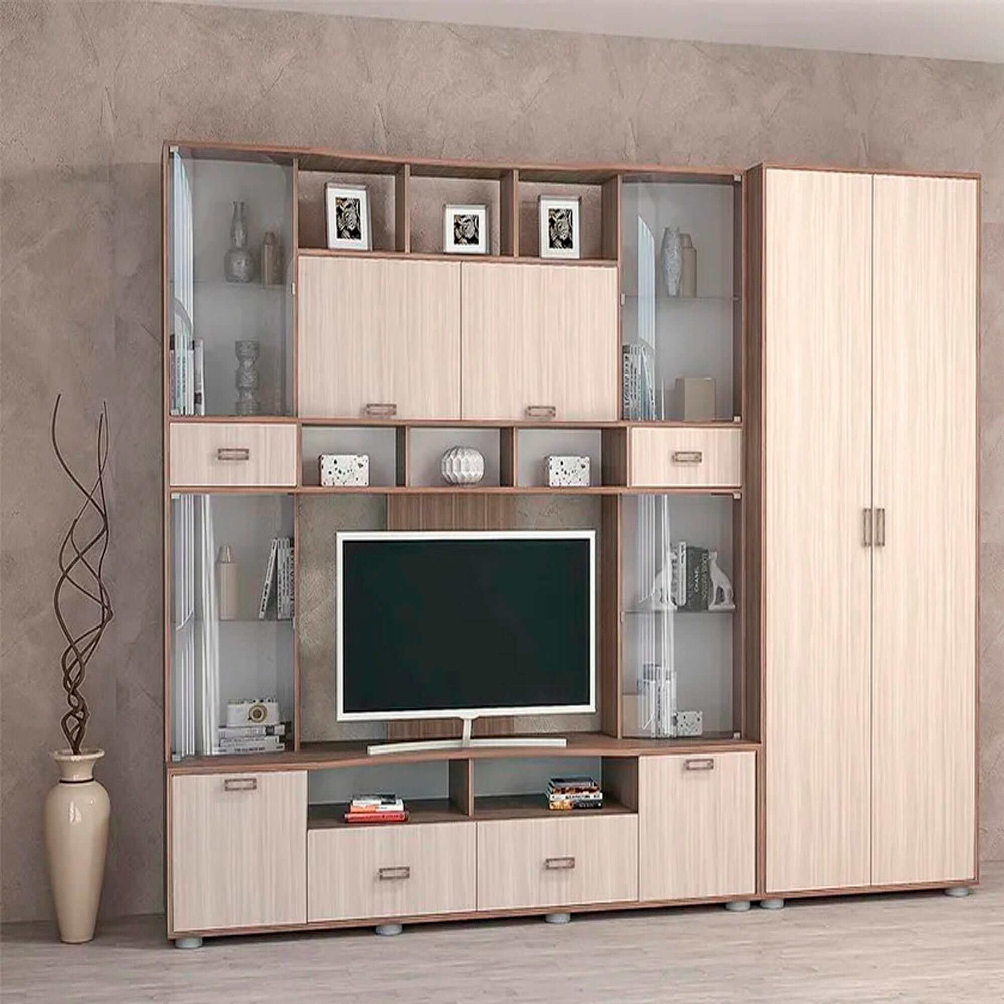 Гостиная Аллегро 4 набор 1 Ясень тёмный и Ясень светлый, ширина 215 см, стенка гостиная, тумба под телевизор, шкаф распашной