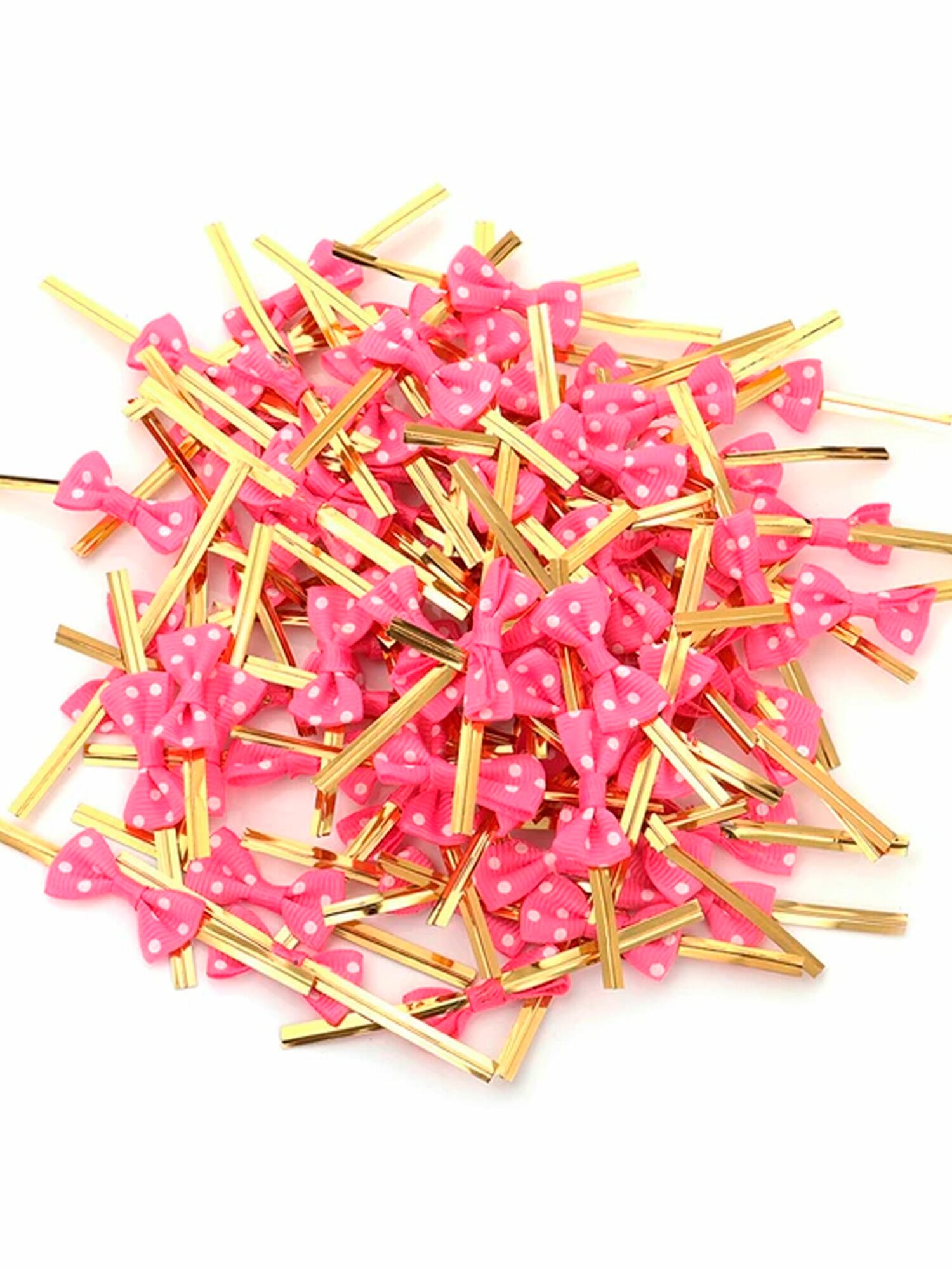 100 бантов-бабочек розового цвета со скрутиком-прутиком для подарочной упаковки