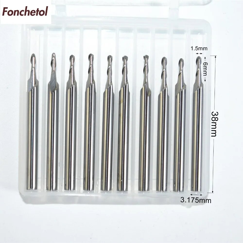 3,175 мм * 1,5 мм * 6 мм-10 шт, твердосплавная концевая фреза с ЧПУ, 2 канавки, сферическая фреза, инструмент для дерева, рельефная фреза