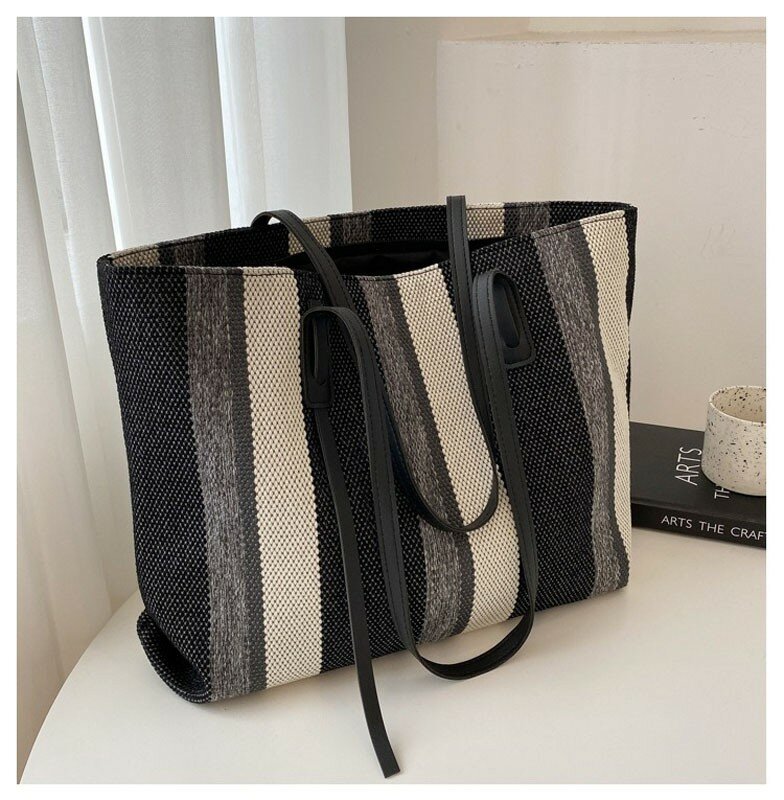 Женская холщовая сумка-тоут большой вместимости в полоску на плечо с застежкой-молнией для ноутбука и компьютера, прочная, для повседневного использования