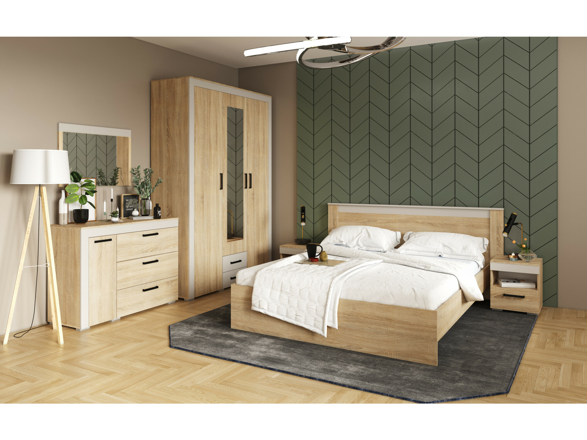 Спальня в современном стиле, без матраса, Дуб сонома/Кашемир