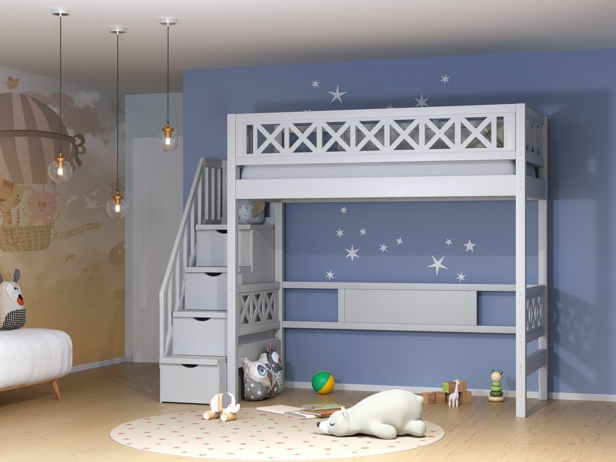 Кровать-чердак Прованс, с лестницей-комодом, спальное место 90х200, цвет беленый дуб