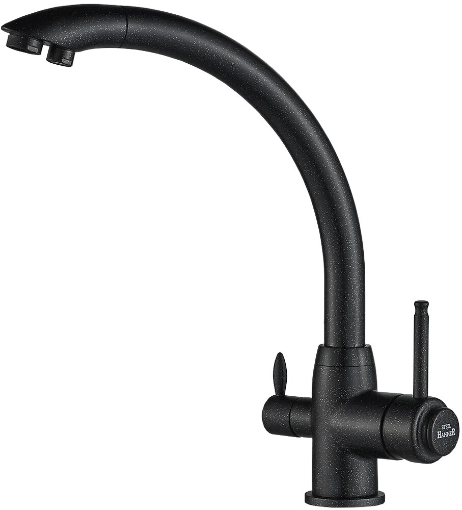Смеситель для кухни Zorg Steel Hummer SH 699 BLACK с краном для питьевой воды, с поворотным изливом, черный, матовый, однорычажный, латунный, с керамическим картриджем