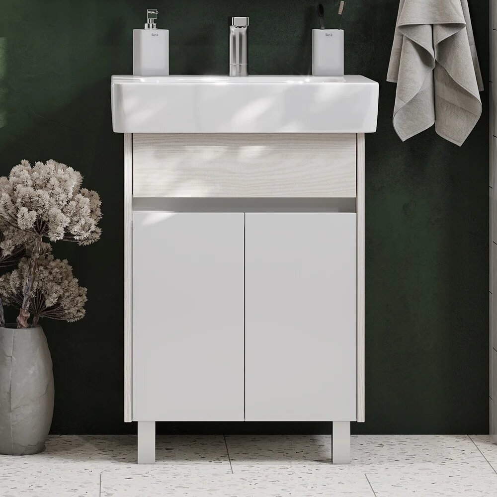 Тумба с раковиной AQUATON Верди PRO 60 Н 60 см, белая, светлое дерево, матовая, из ЛДСП, с ящиками, с дверками, раковина для ванной фарфоровая, прямоугольная, встроенный слив-перелив