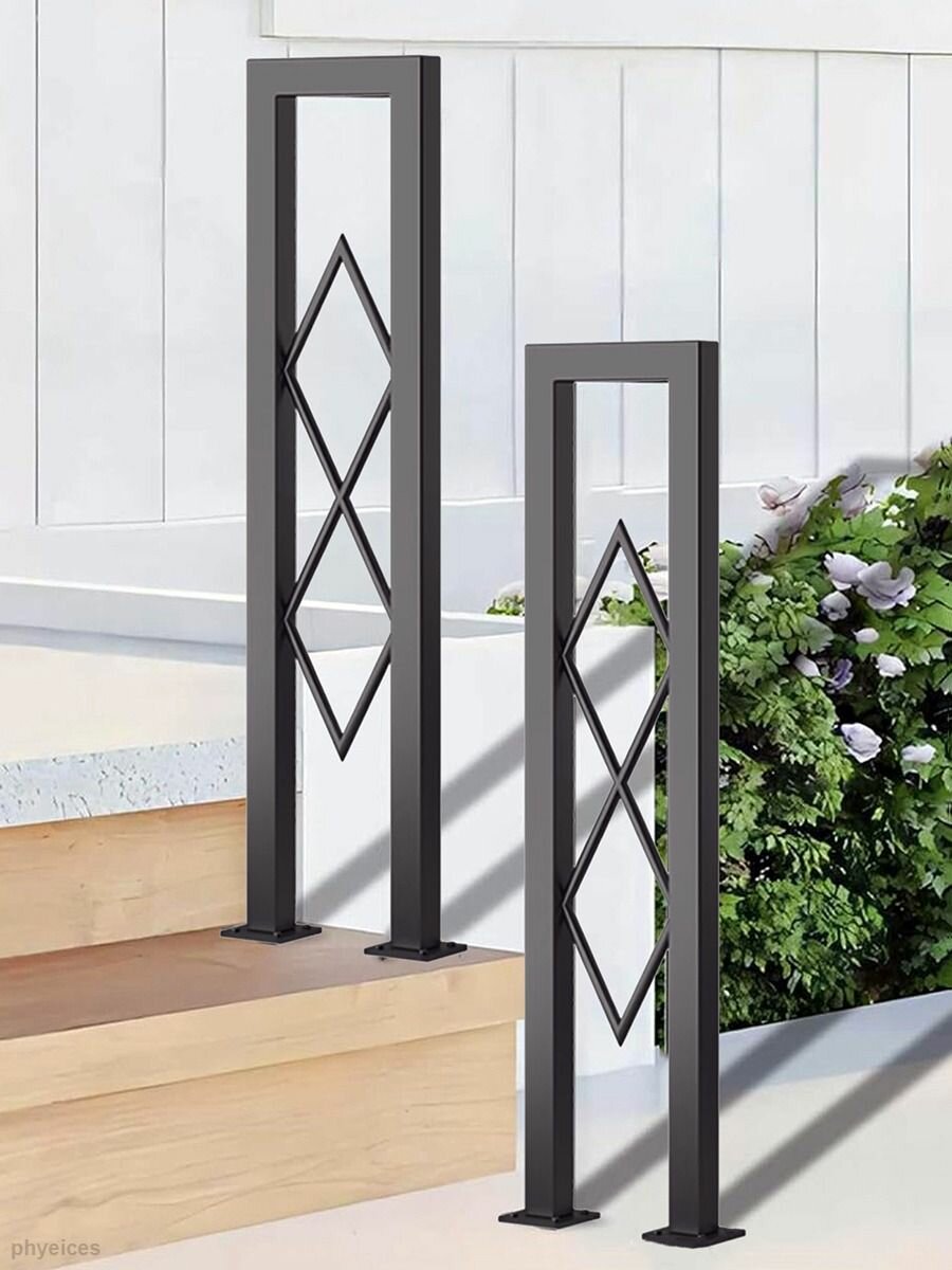 Кованые перила для лестницы черные с ромбовидным декором для крыльца, сада, лофта, уличных ступеней (1 шт.95cm.)