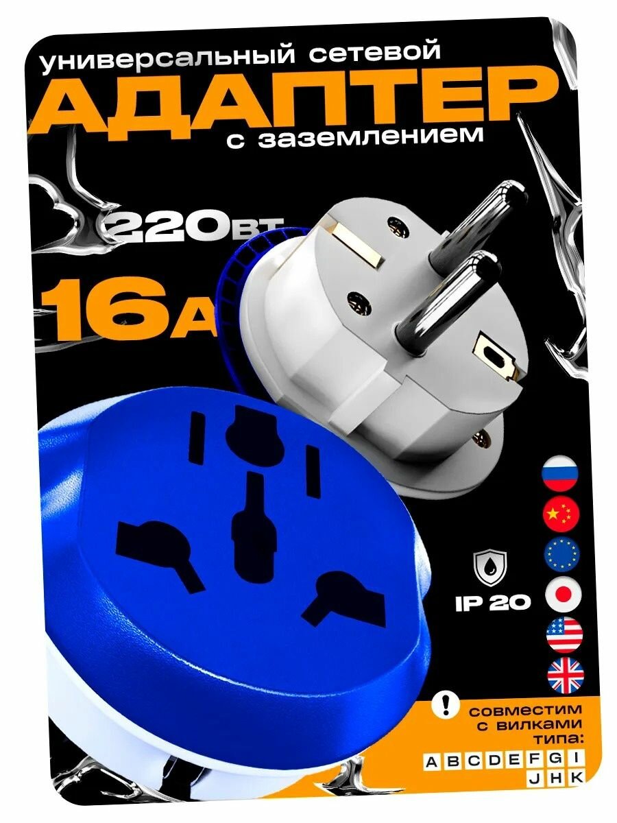 Сетевой адаптер переходник с китайской вилки на российскую, евровилка, синий
